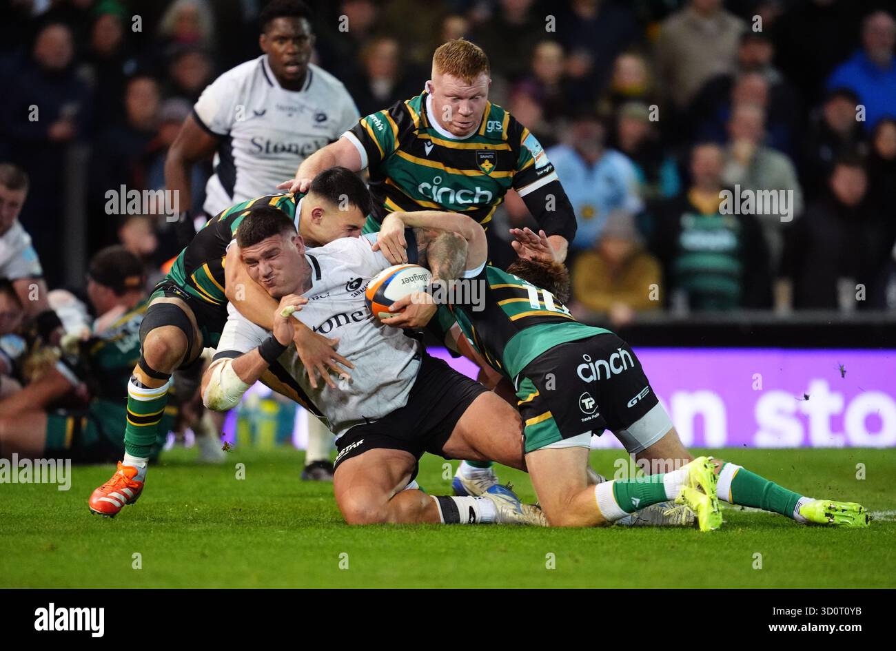 Saracens' Marco Riccioni is stopped just short of the try line during ...