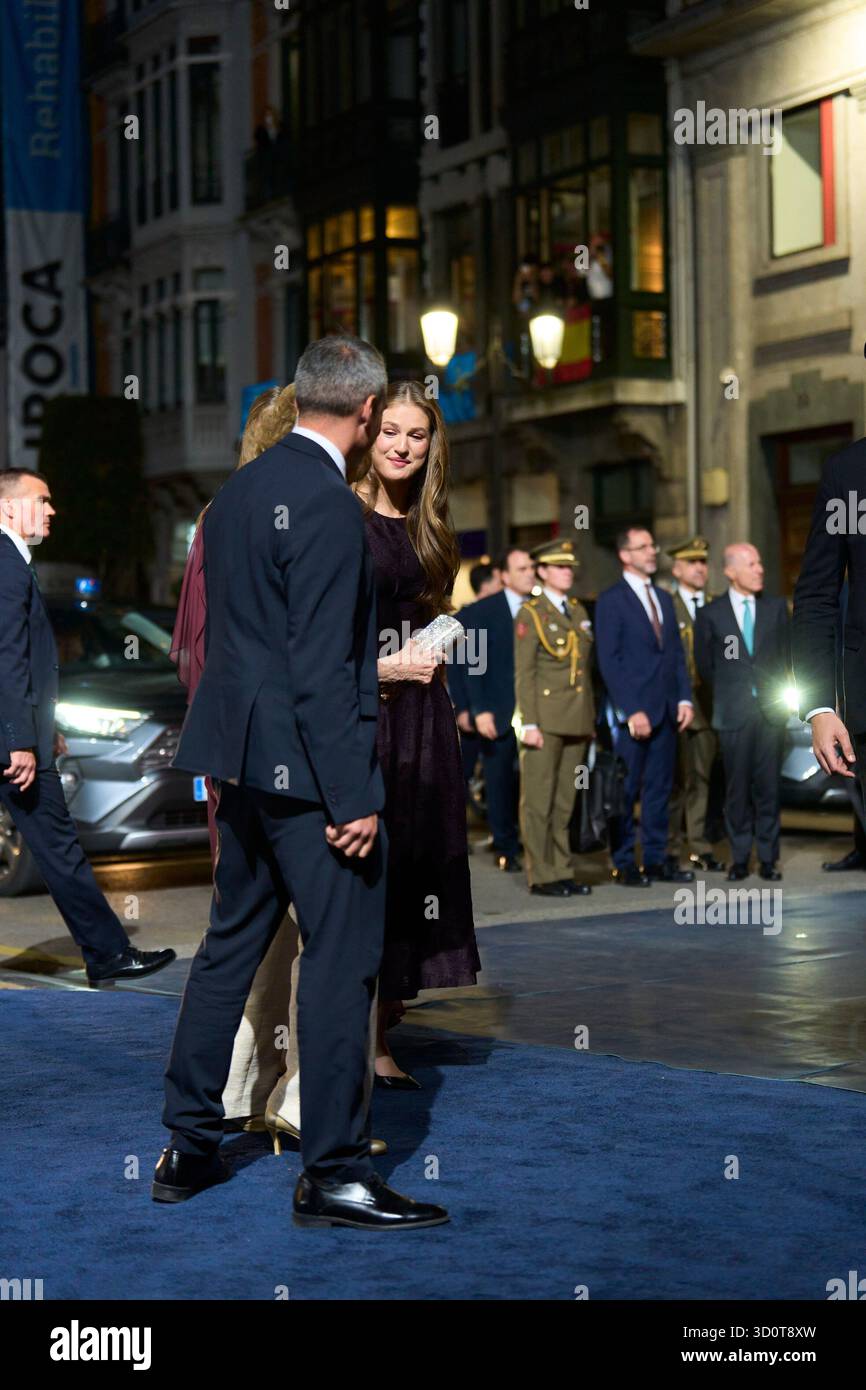 Crown Princess Leonor, Princess Sofia leave the Campoamor Theatre for the Ceremony during ...
