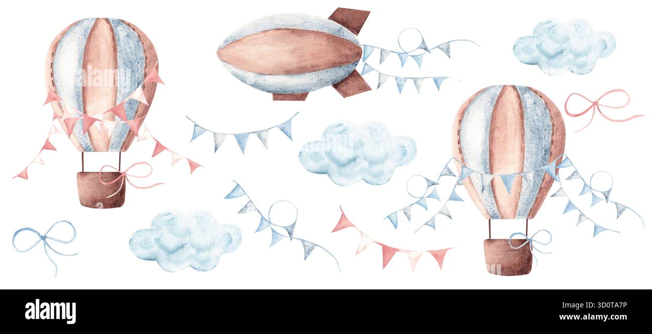 Air transport set. Airship or Dirigible, Hot Air Balloons with blue and ...