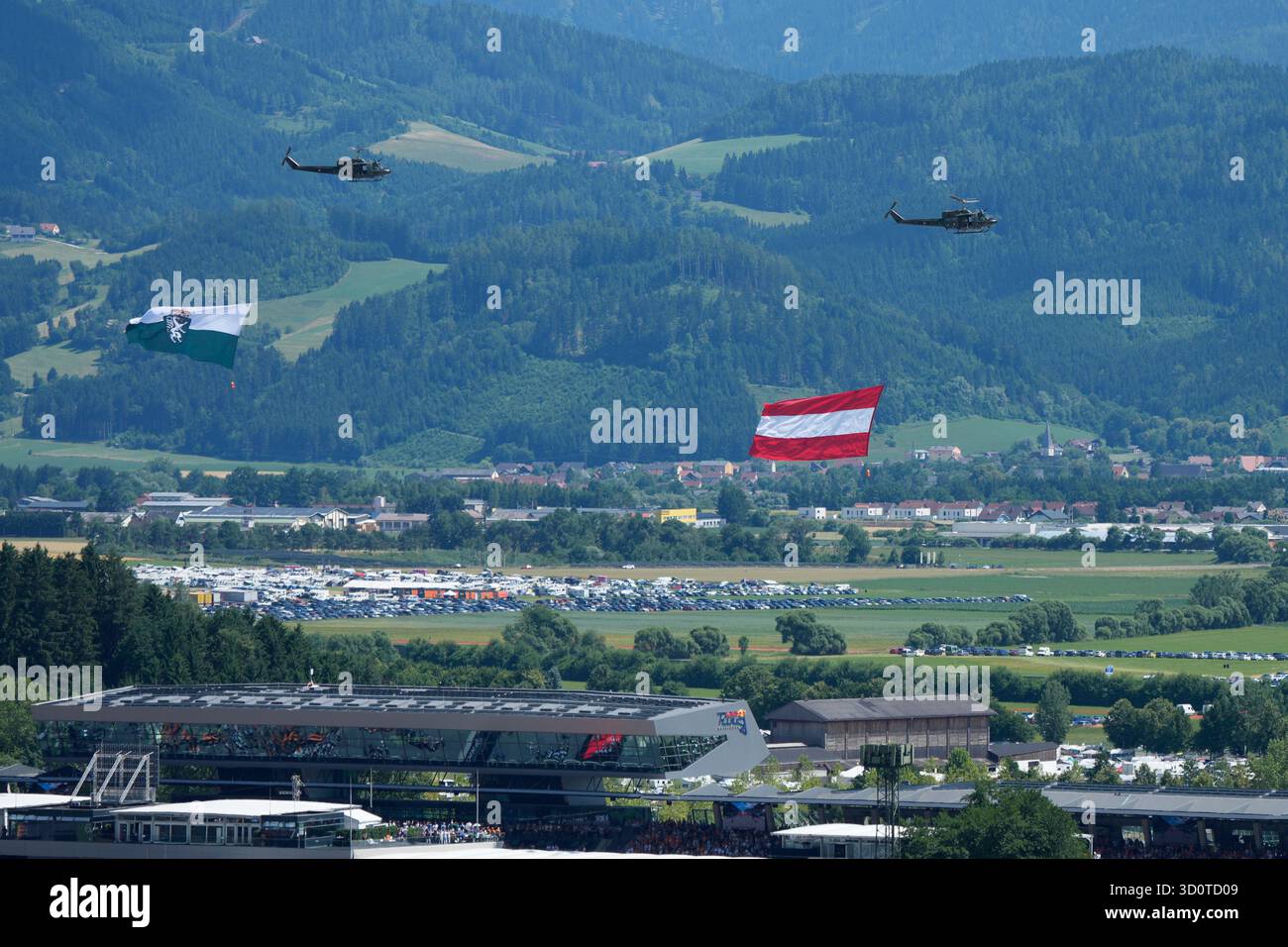 SPIELBERG, AUSTRIA - JUNE 29: Helicopters with the flags of Styria and ...