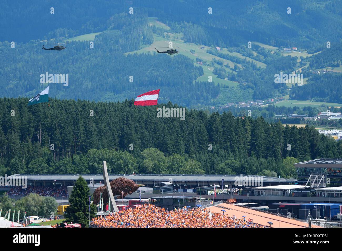SPIELBERG, AUSTRIA - JUNE 29: Helicopters with the flags of Styria and ...