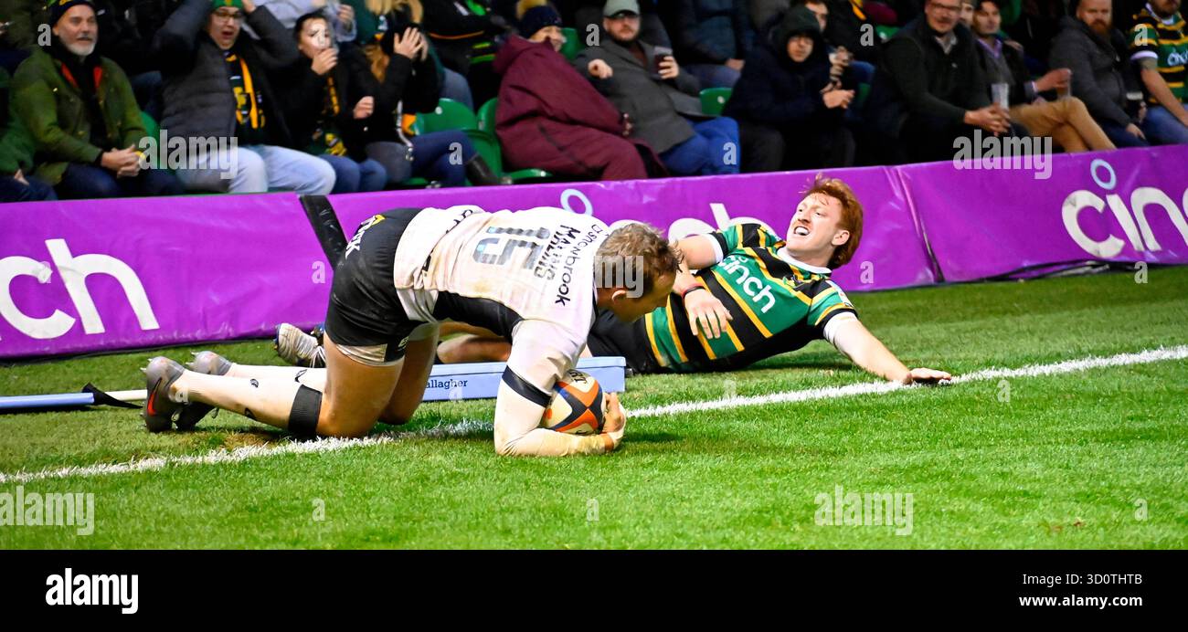 Northampton ENGLAND Max Malins of Saracens. Gets a try during the match ...
