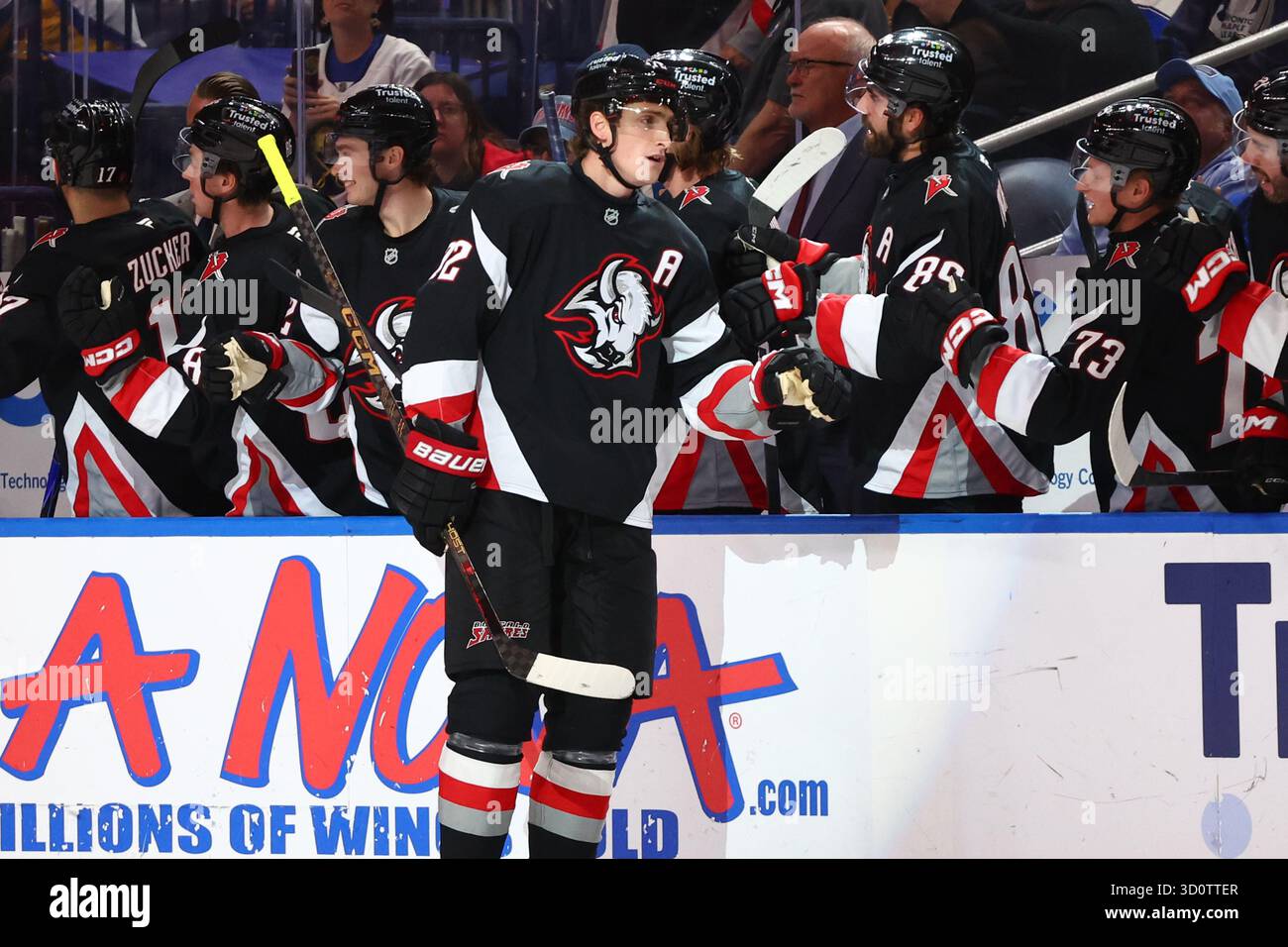 Buffalo Sabres center Tage Thompson, front, celebrates after his goal ...