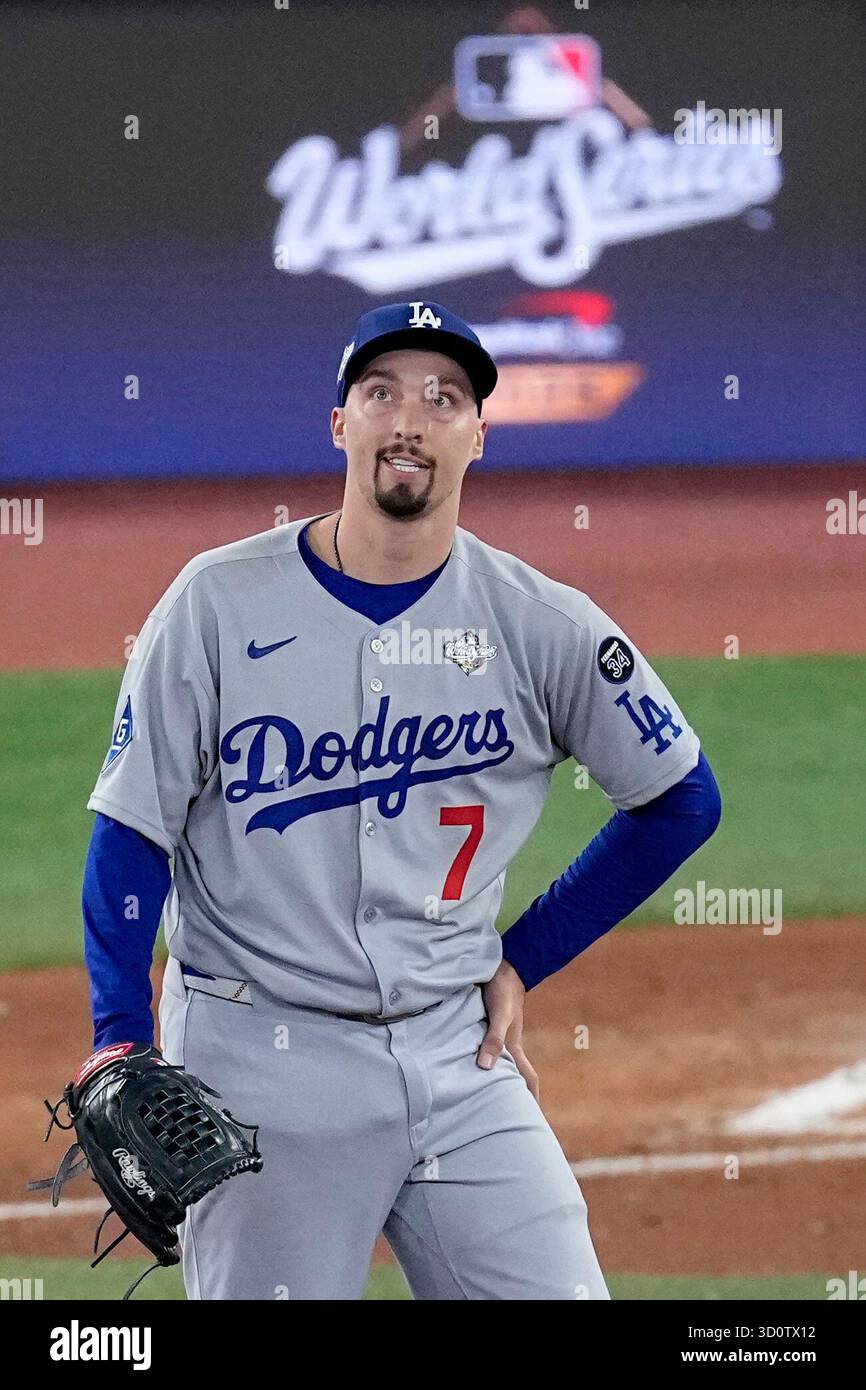 Los Angeles Dodgers pitcher Blake Snell (7) watches Toronto Blue Jays ...