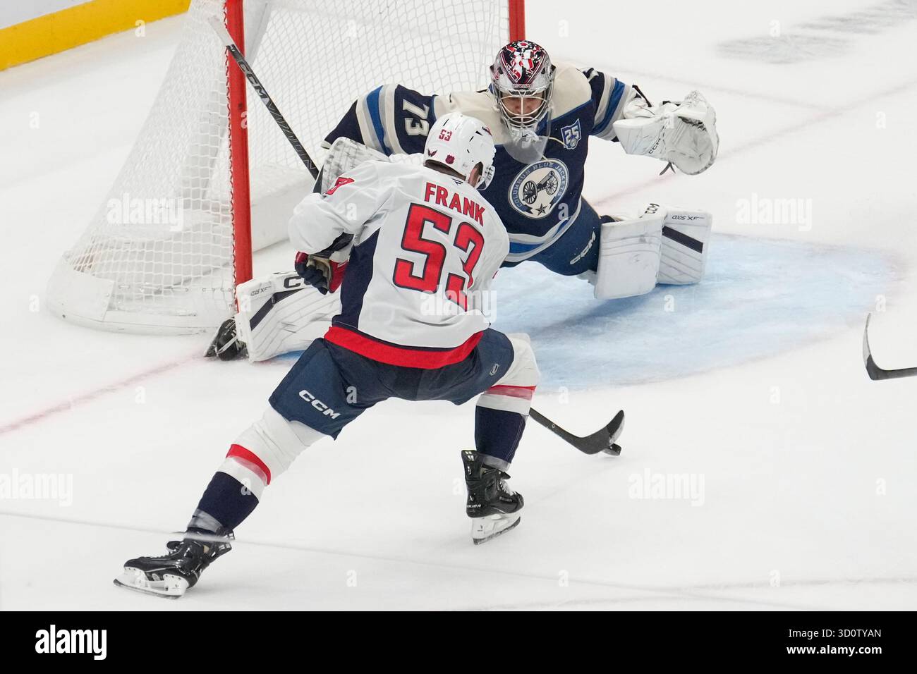 Washington Capitals center Ethen Frank (53) shoots on Columbus Blue ...