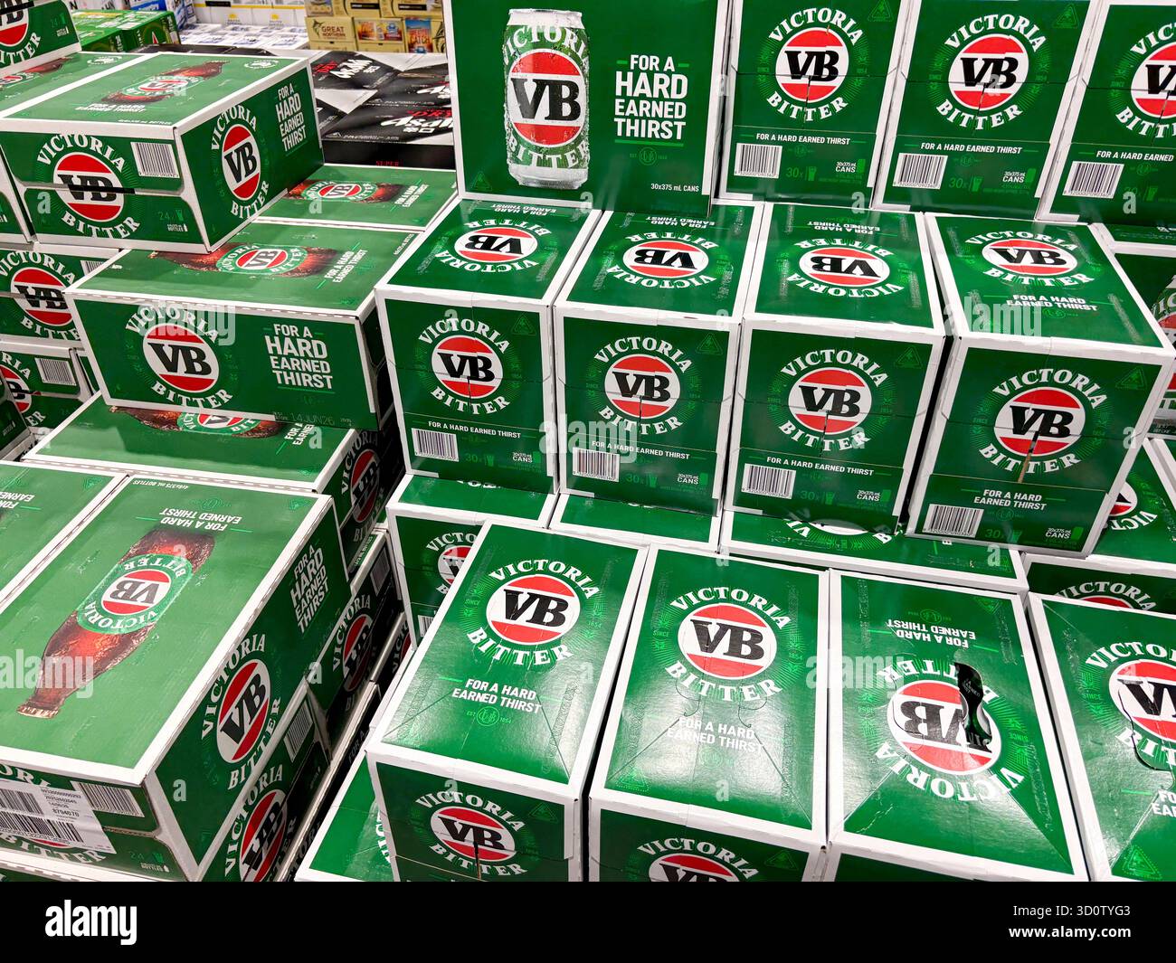 Cartons of Victoria Beer in bottles, brewed in Melbourne, for sale in a ...