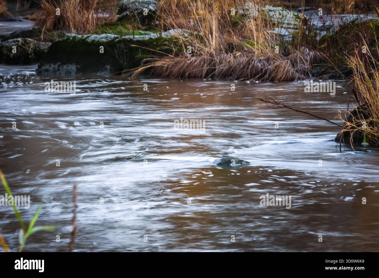 Artificial fish ladder in a river with water flowing over concrete ...