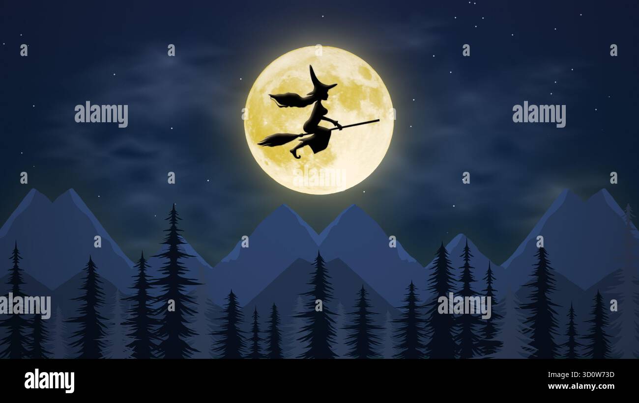 Halloween Spooky Night with Flying Witch Scene Stock Photo - Alamy