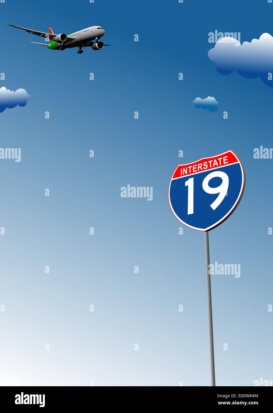 Airplane is flying over an interstate 19 road sign, with a bright blue ...