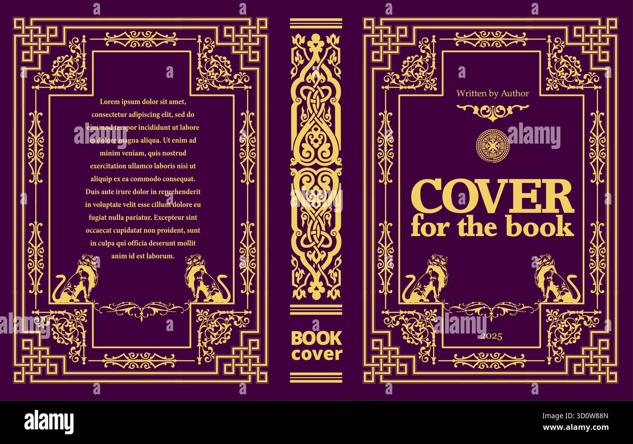 Elegant gold cover or page design featuring lions and intricate borders ...