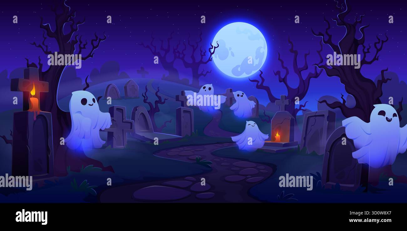 Cartoon Halloween graveyard cemetery with ghosts Stock Vector Image ...