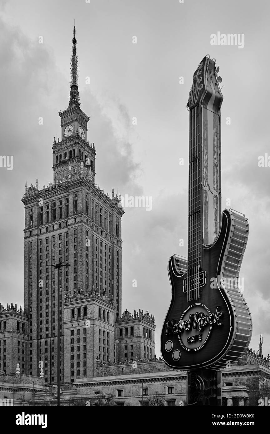 Black and white historic clock tower, Hard Rock Cafe guitar sculpture ...