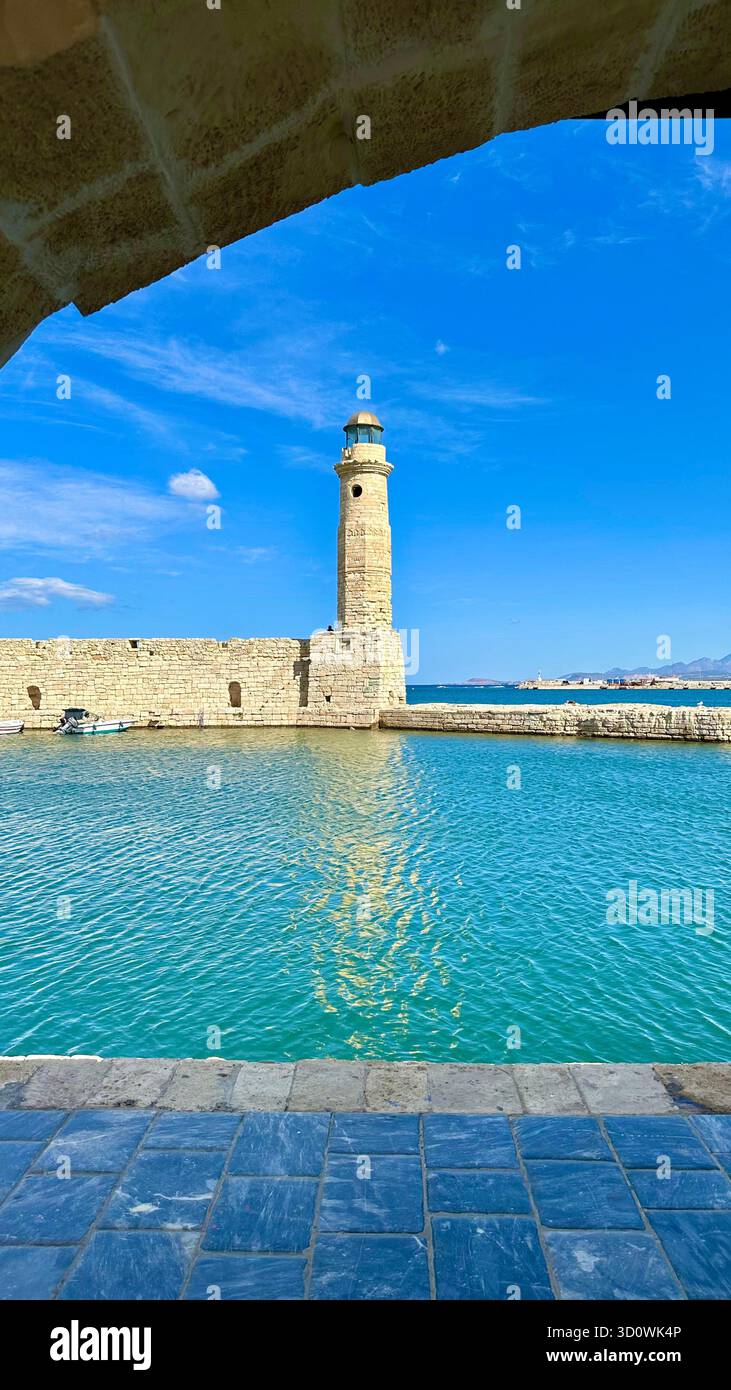Historic Egyptian-era lighthouse at the Venetian Harbor of Rethymno ...