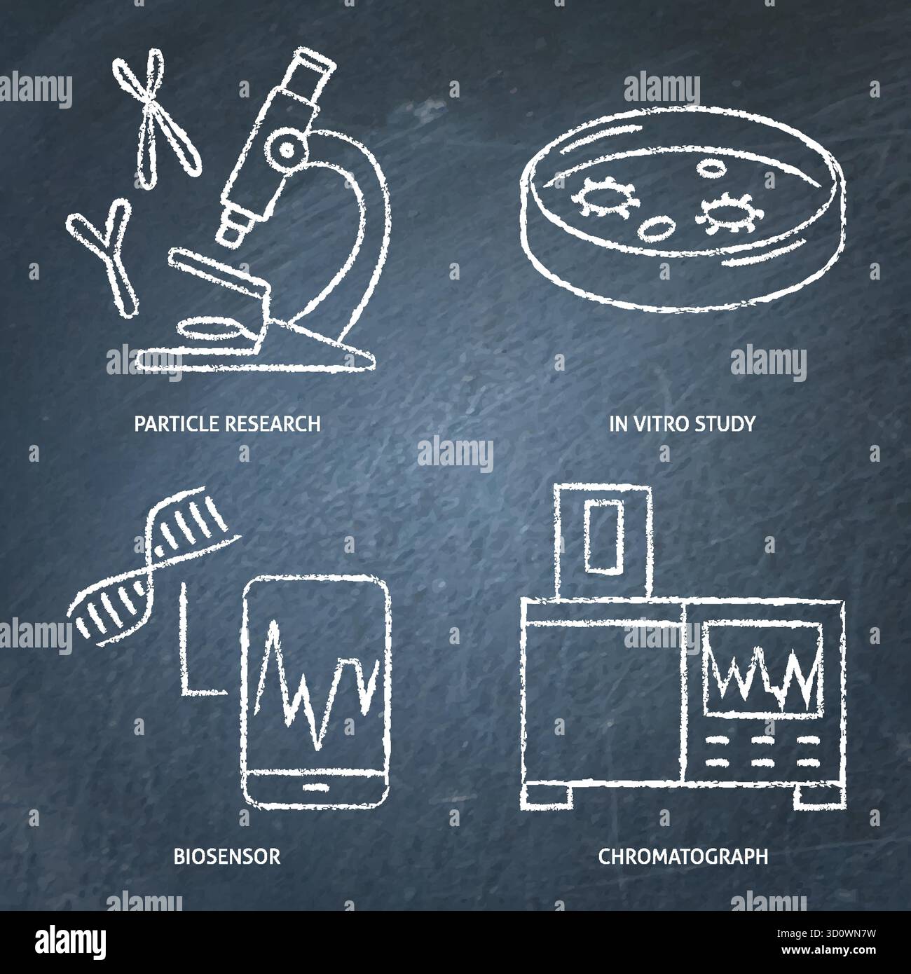 Laboratory analysis and diagnostics chalkboard icon set. Microscope ...