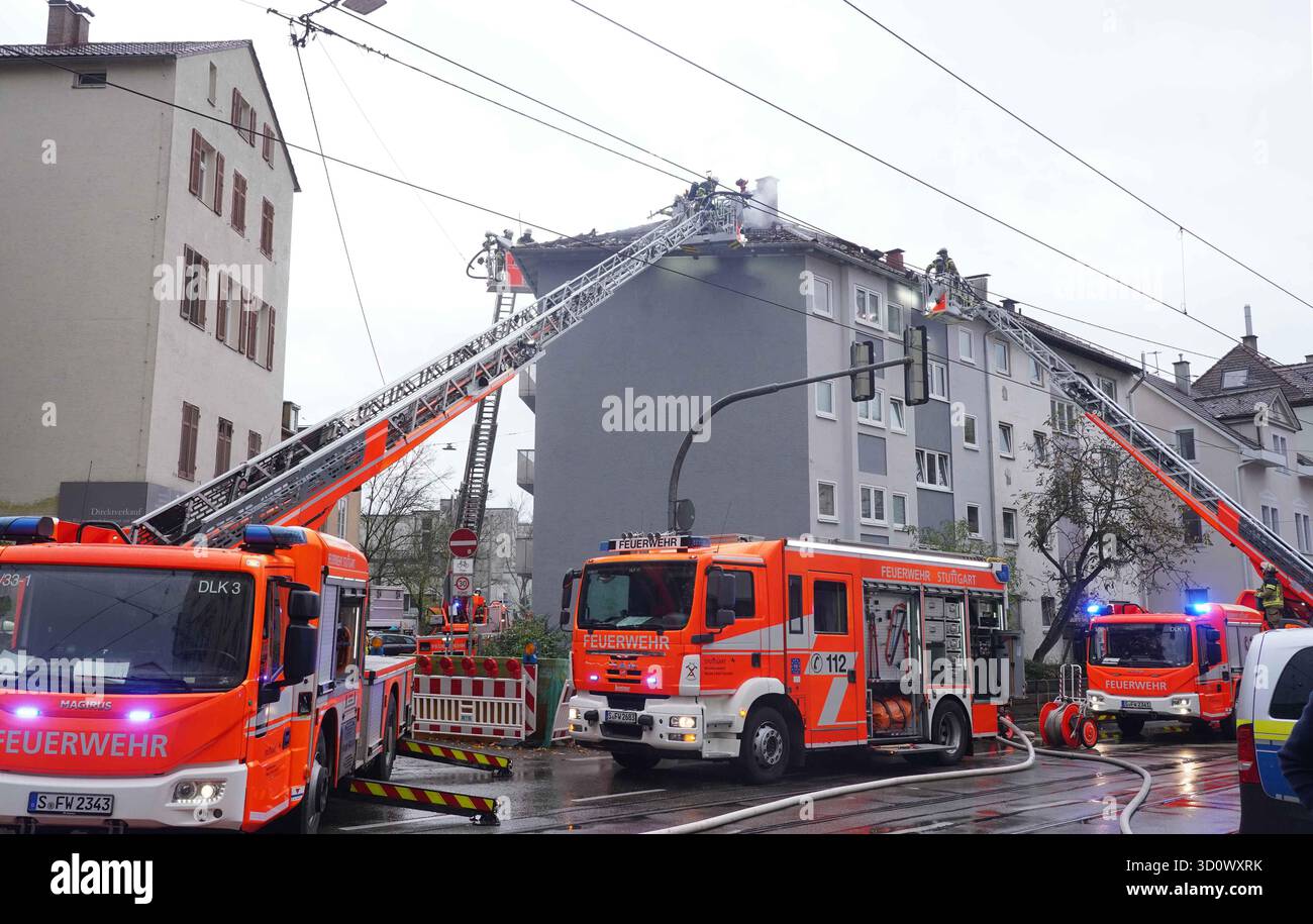 Stuttgart, Germany. 25th Oct, 2025. The fire department extinguishes a ...