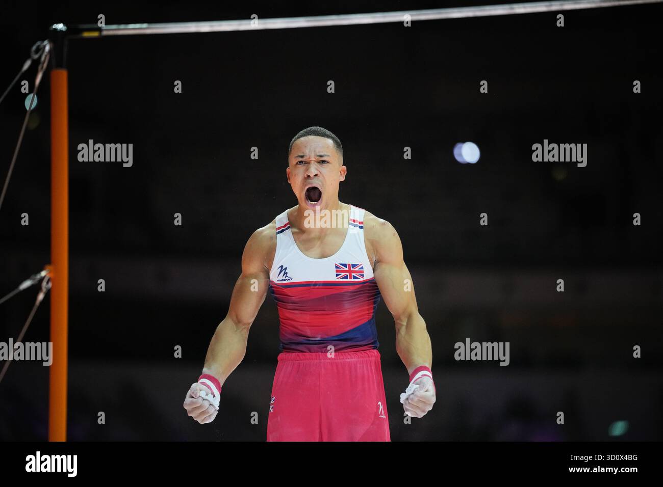Joe Fraser of Britain competes in the men's horizontal bar final during ...