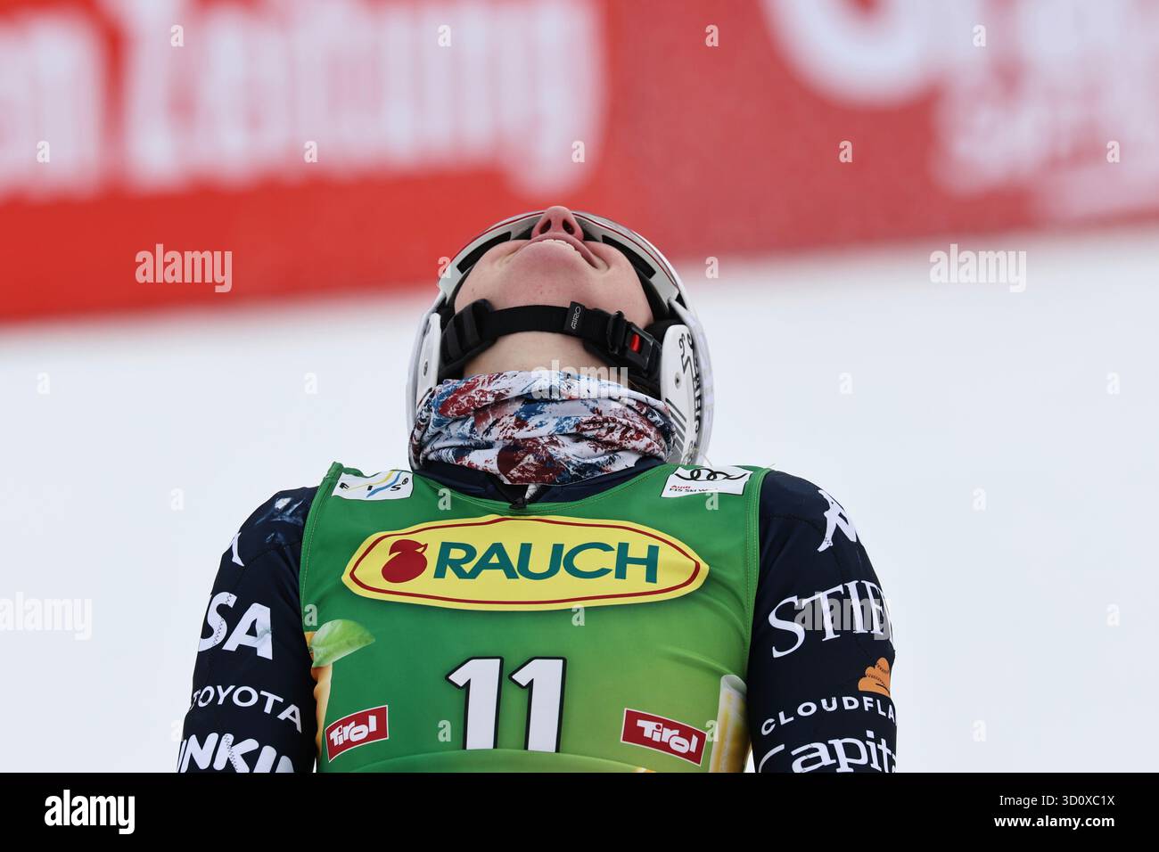 United States' Nina O Brien celebrates at the finish area of an alpine ...