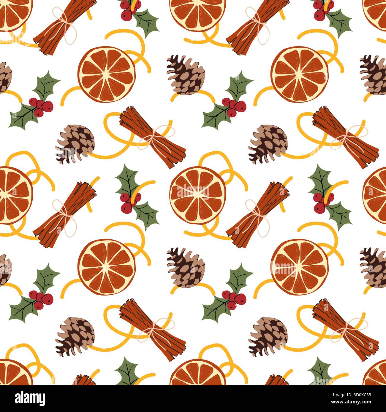 Christmas pattern with dried orange slices, cinnamon sticks, pine cones ...