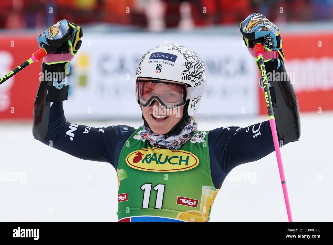 United States' Nina O Brien celebrates at the finish area of an alpine ...