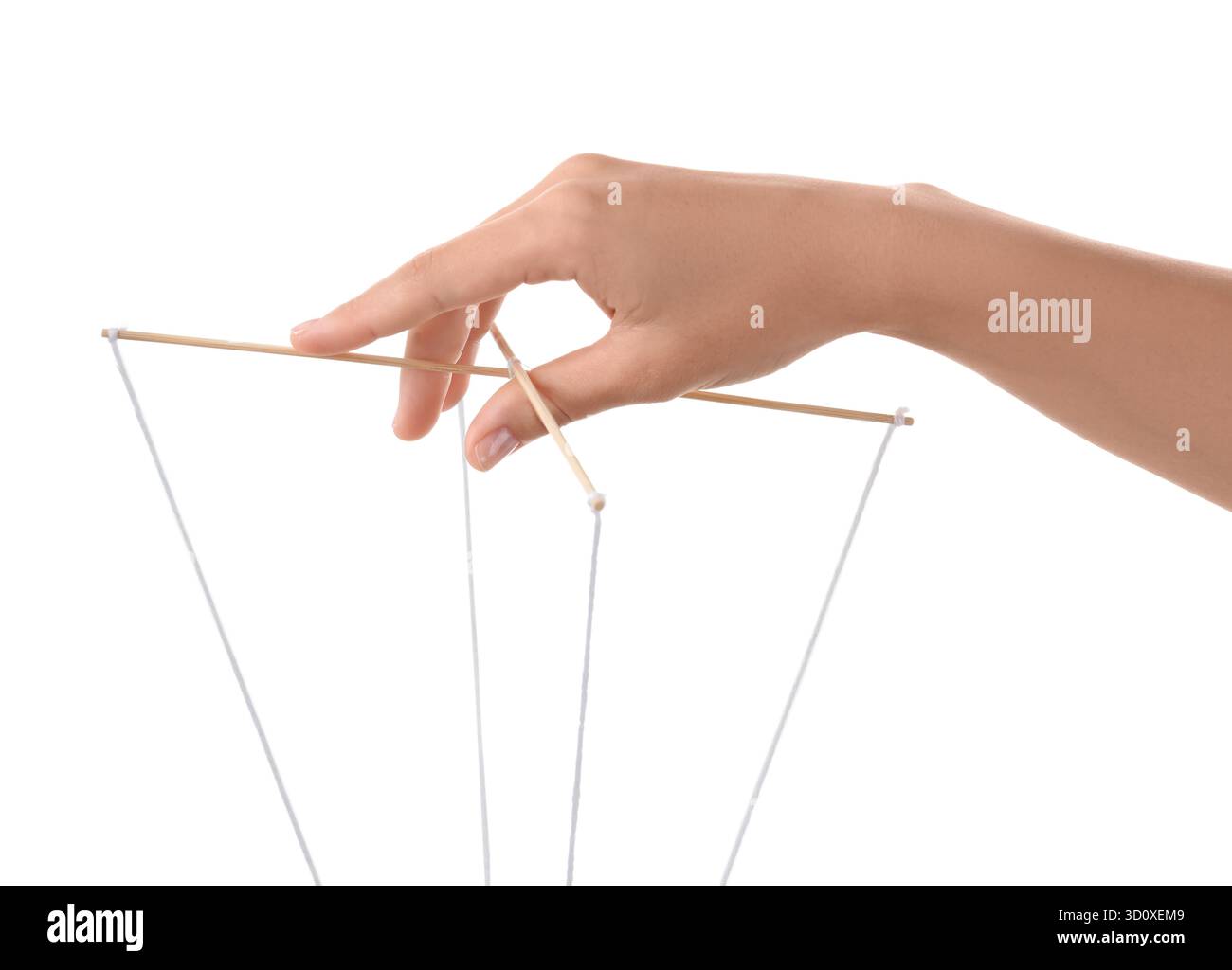 Female hand of puppeteer with strings on white background Stock Photo ...