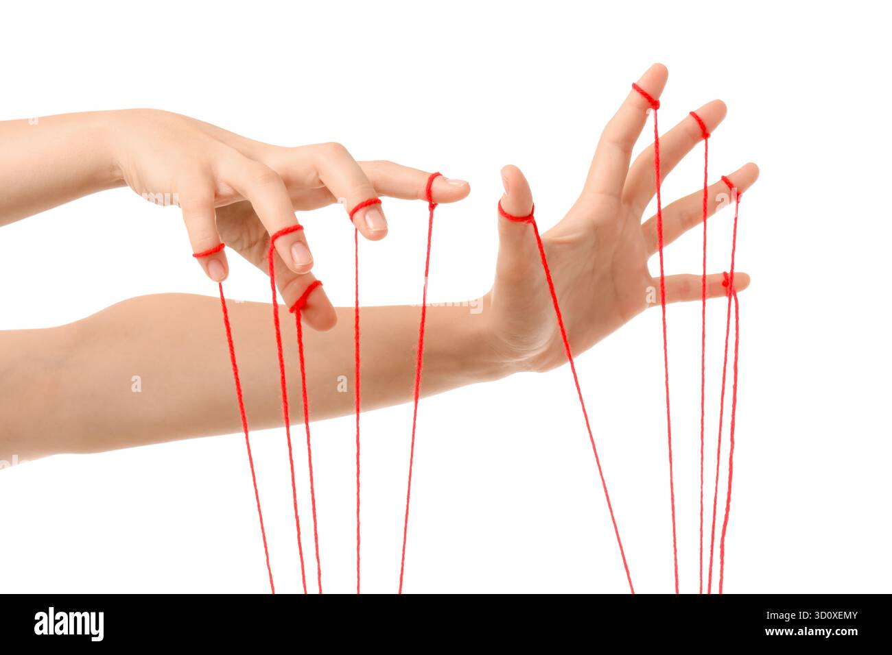 Female hands of puppeteer with red strings on white background Stock ...