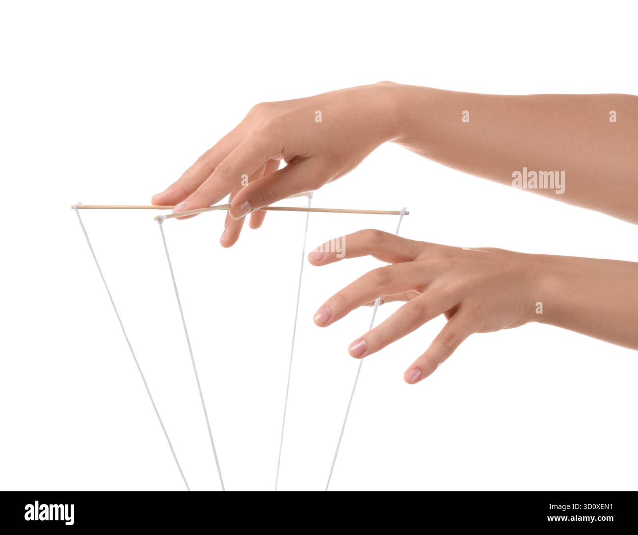 Female hands of puppeteer with strings on white background Stock Photo ...