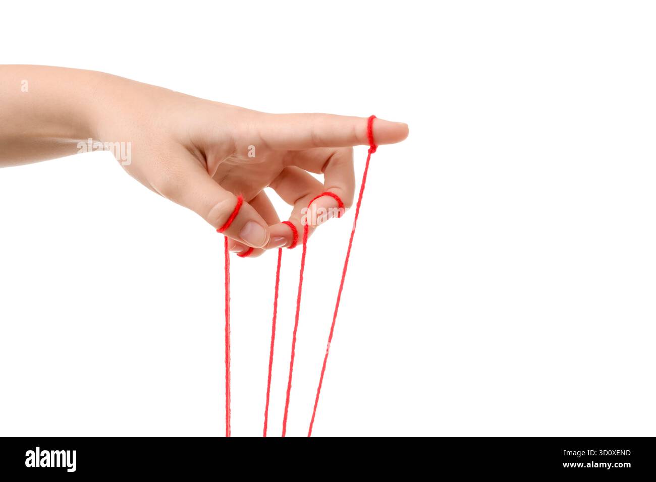 Female hand of puppeteer with red strings on white background Stock ...