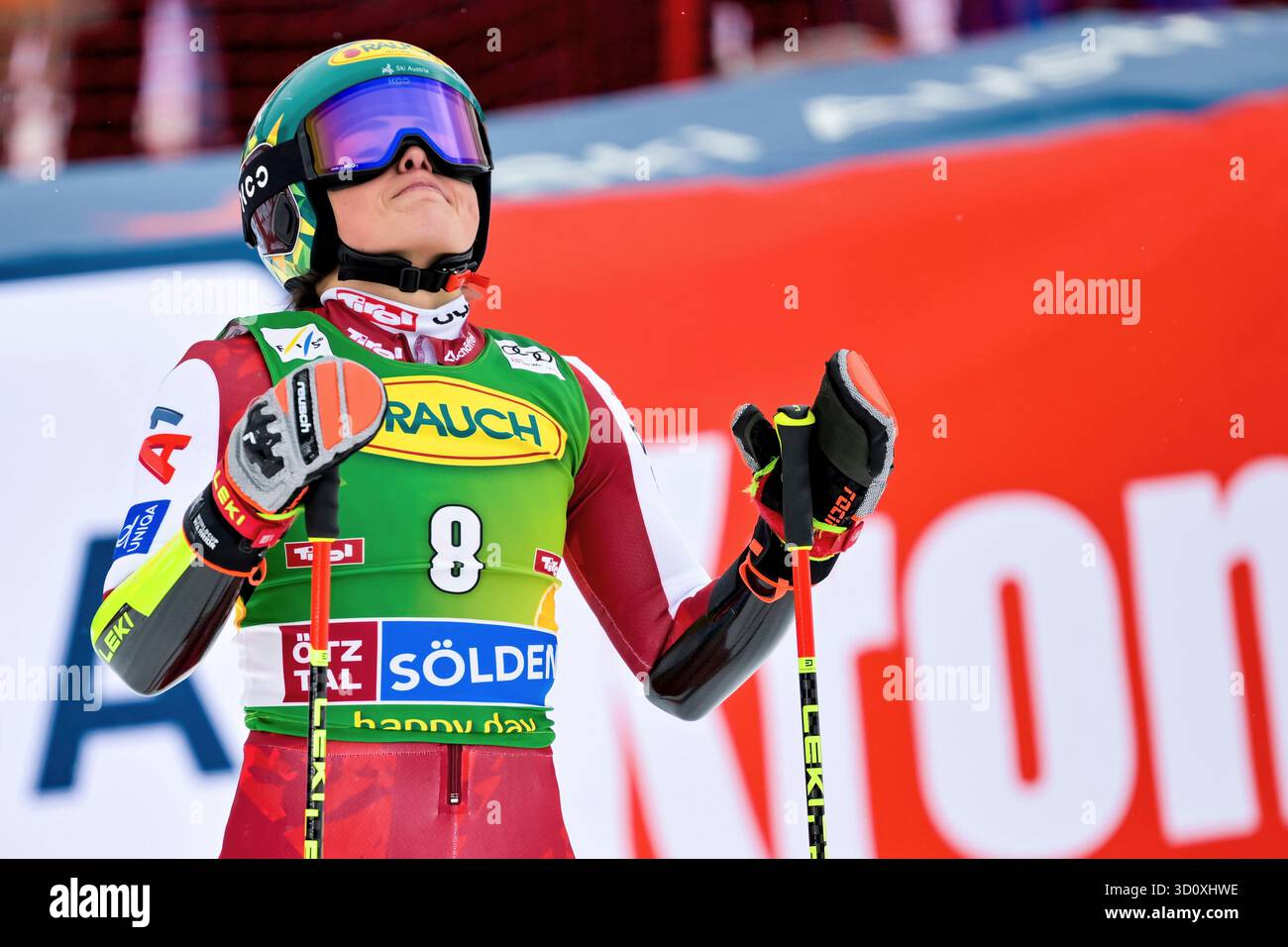 Austria's Julia Scheib celebrates at the finish area of an alpine ski ...