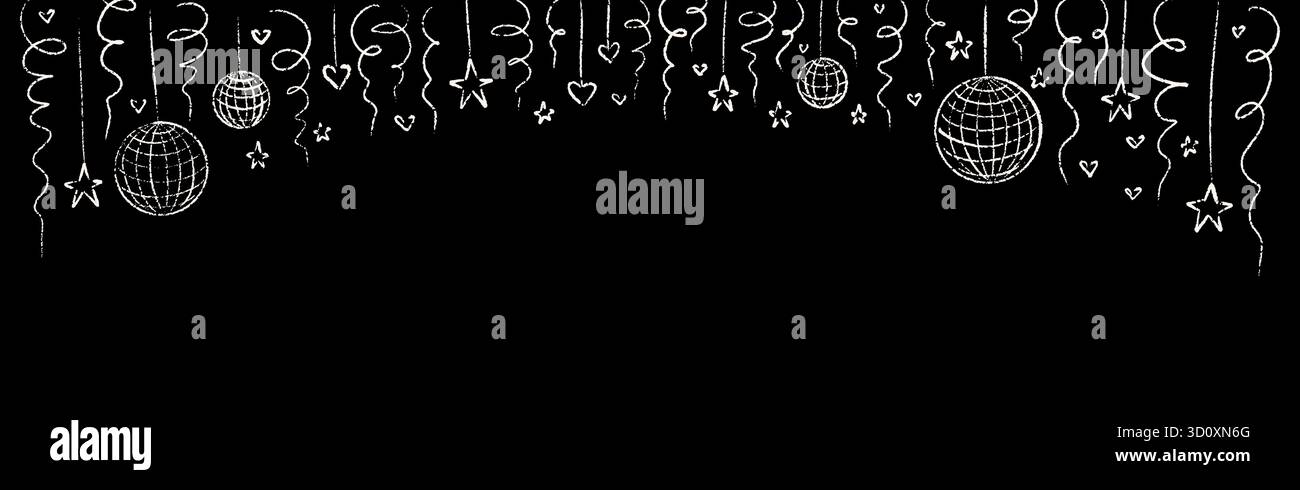Disco party hand drawn doodle background with disco mirror ball, stars ...