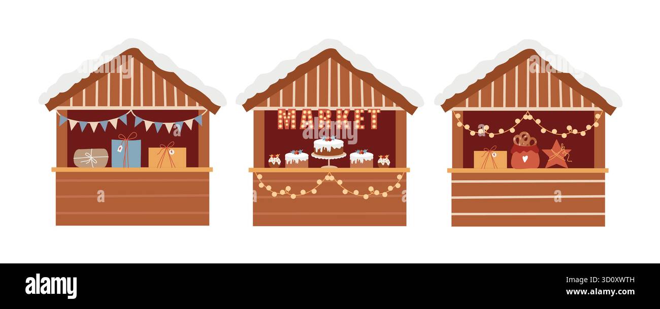 Set of Christmas stalls isolated on white background. Traditional ...