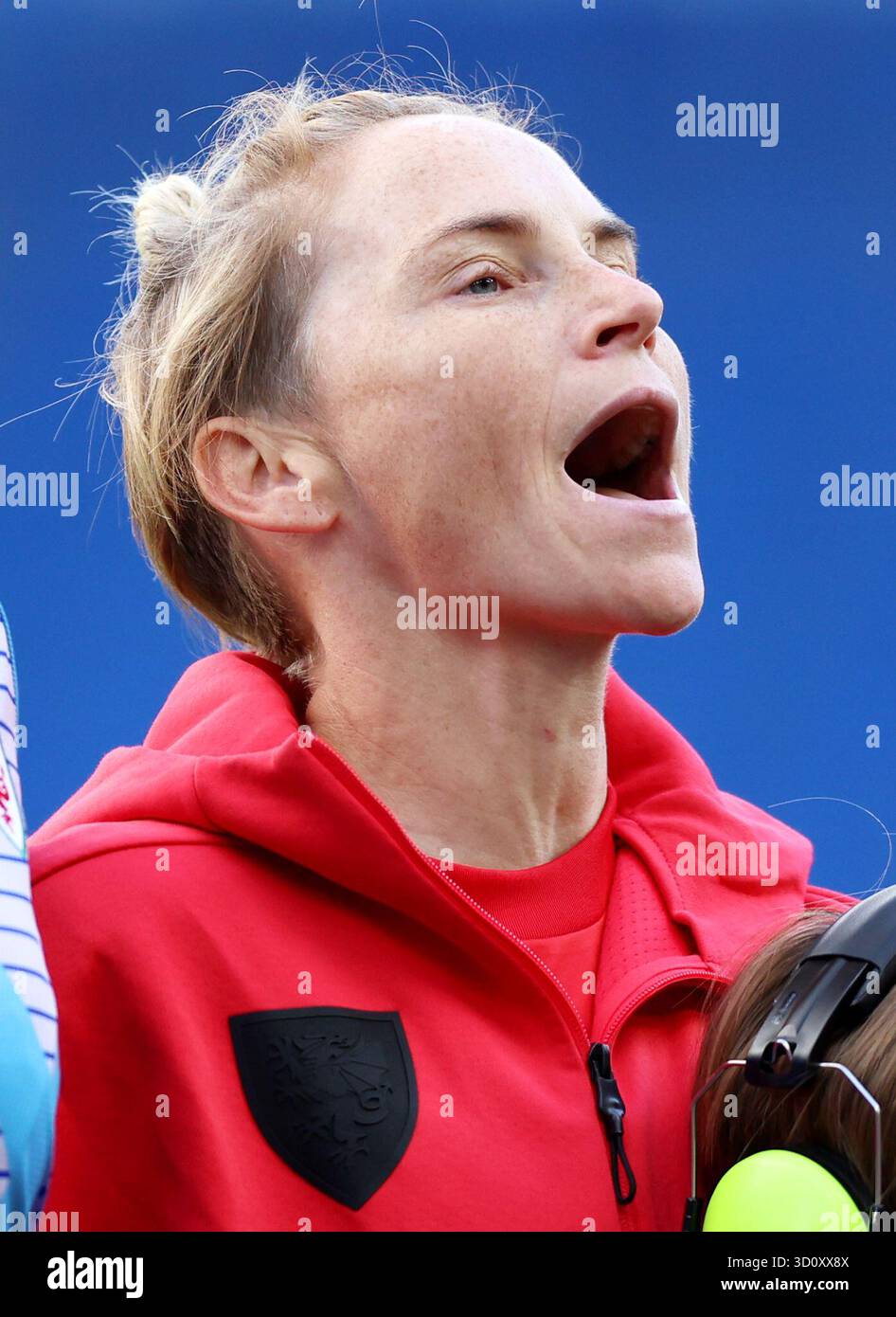 Wales' Jess Fishlock singing the national anthem ahead of the ...
