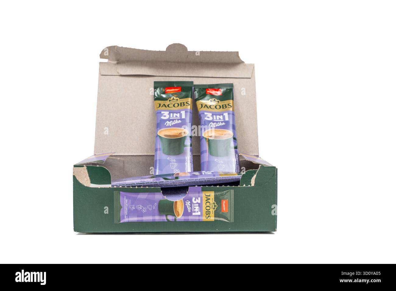 Germany Berlin October 25, 2025. Open Jacobs 3in1 Milka coffee box ...