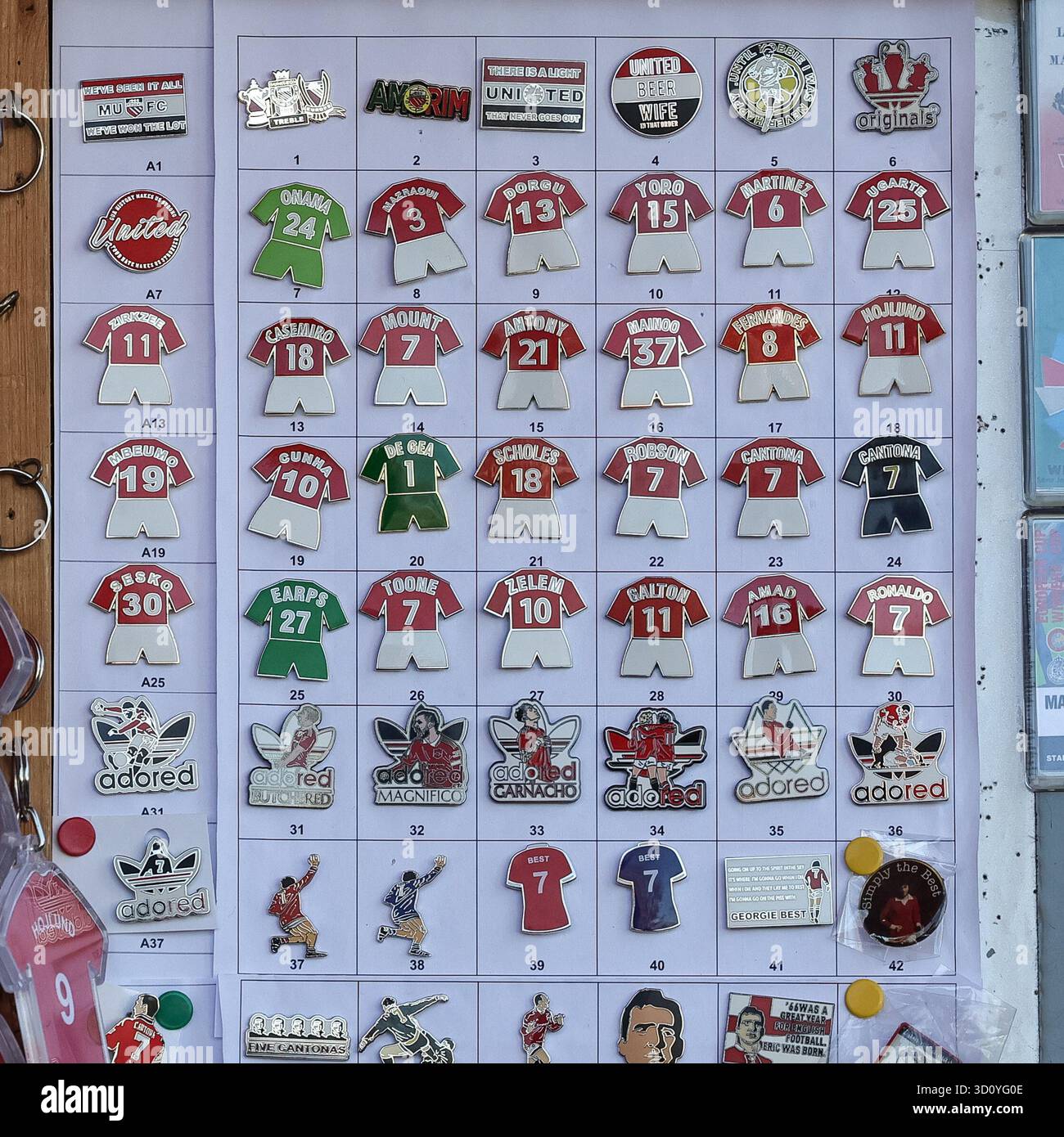 Manchester United pin badges on sale during the Premier League match ...