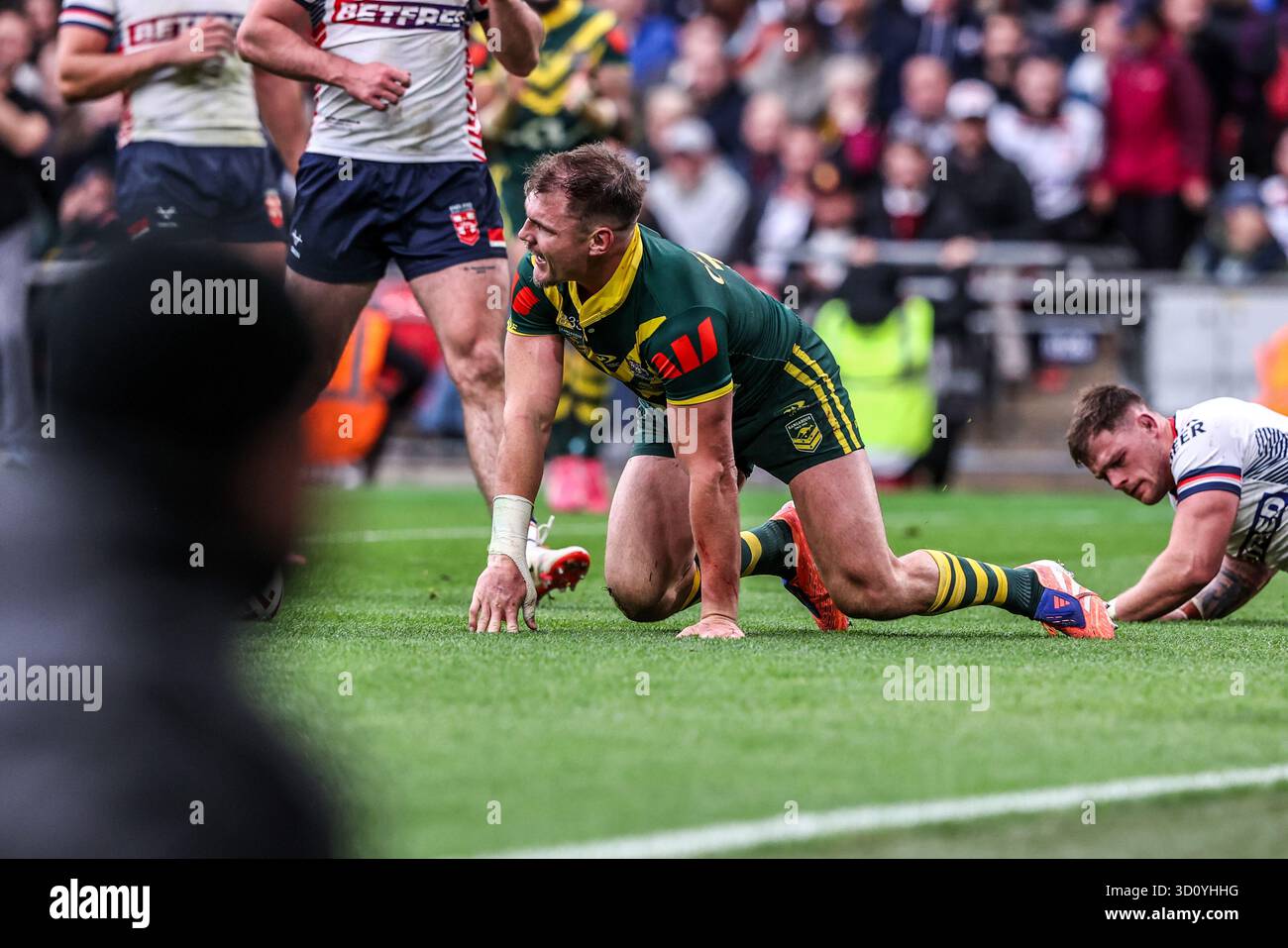 Angus Crichton of Australia goes over for a try during the The Ashes ...