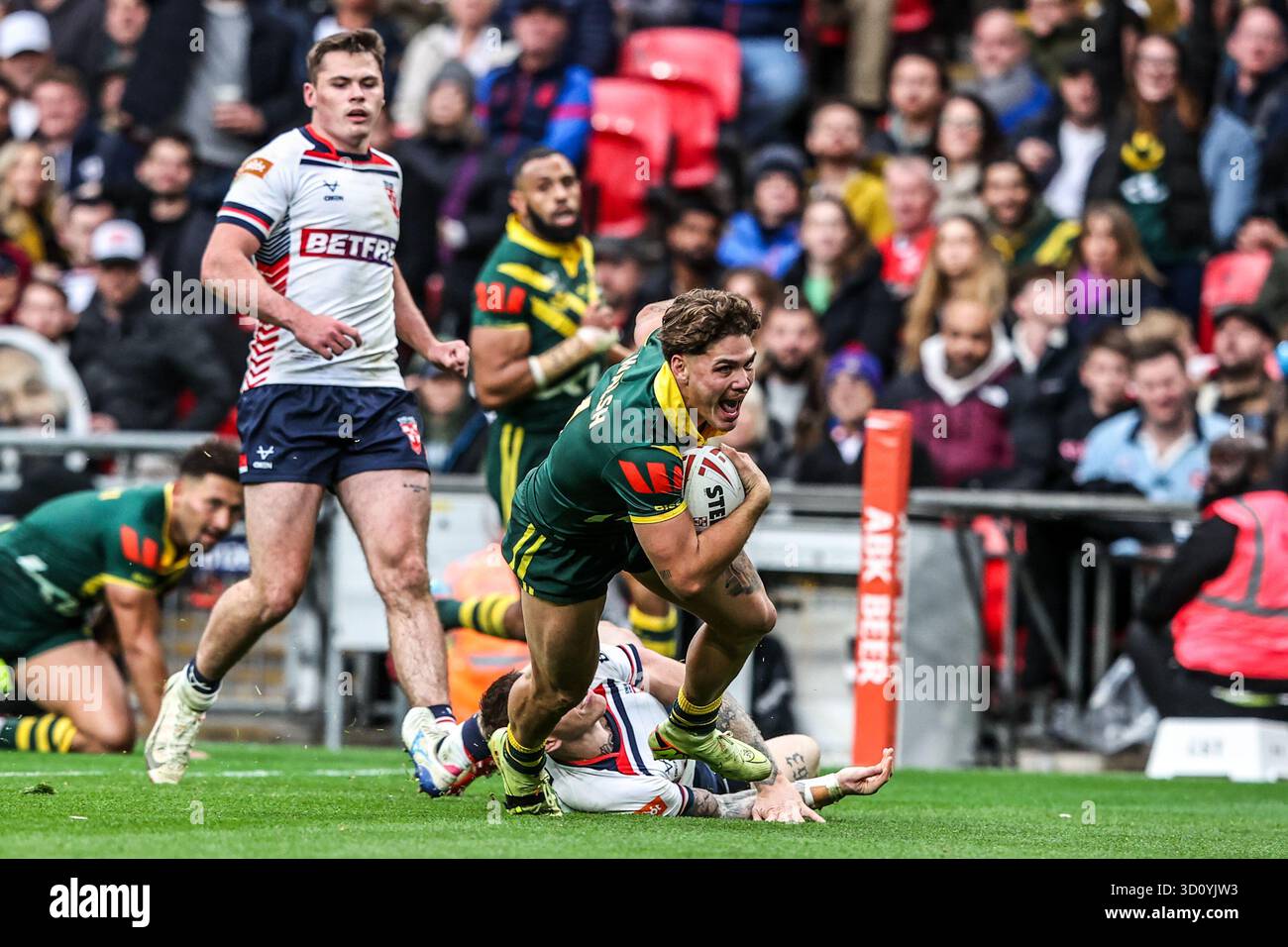 Reece Walsh of Australia goes over for a try during the The Ashes ...