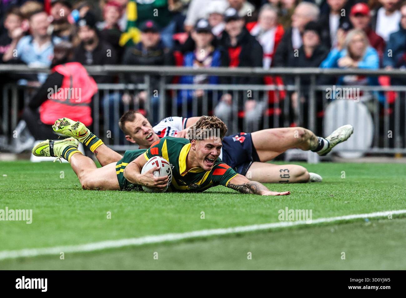 Reece Walsh of Australia goes over for a try during the The Ashes ...