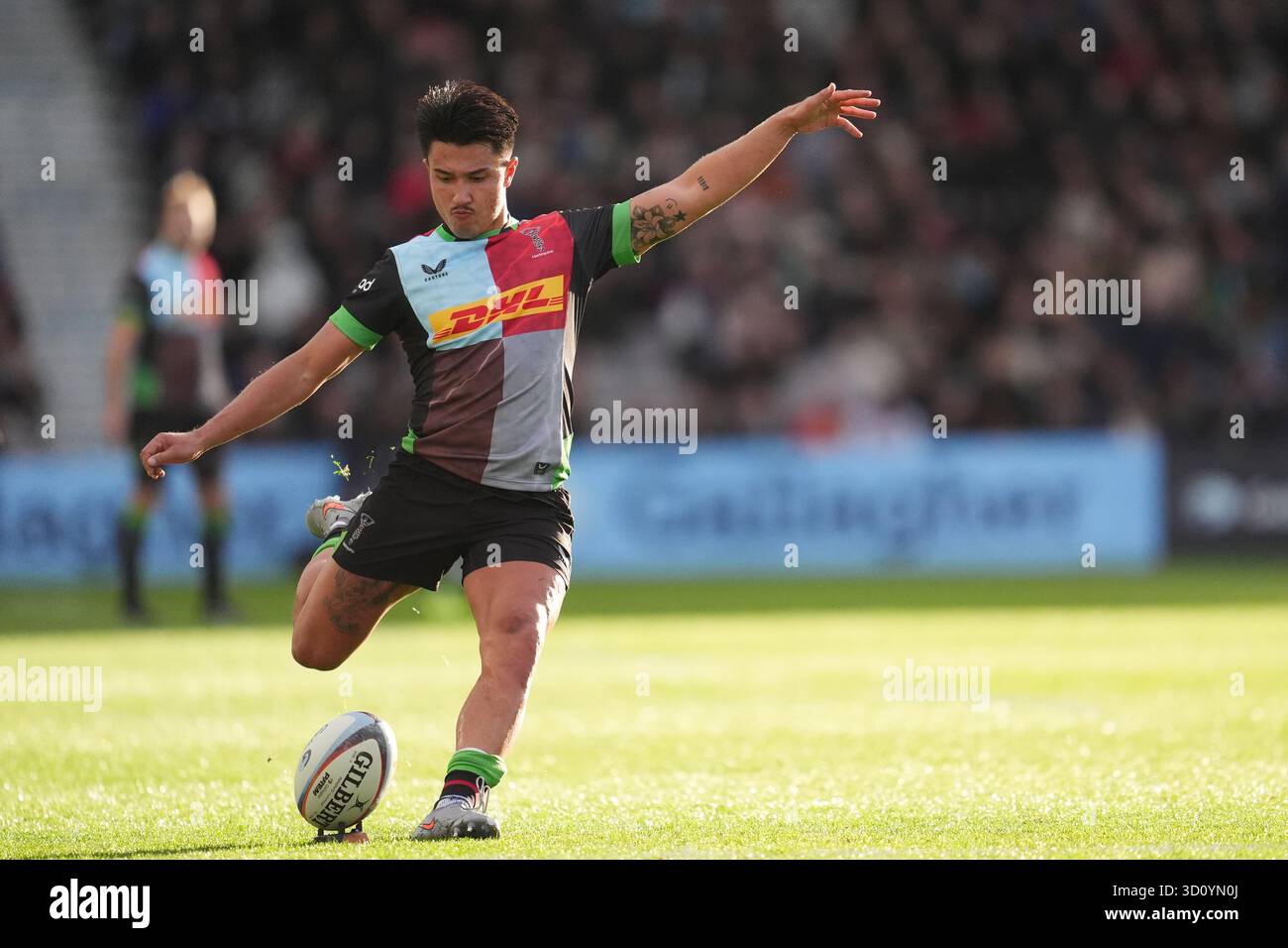 Harlequins' Marcus Smith converts a try during the Gallagher PREM match ...