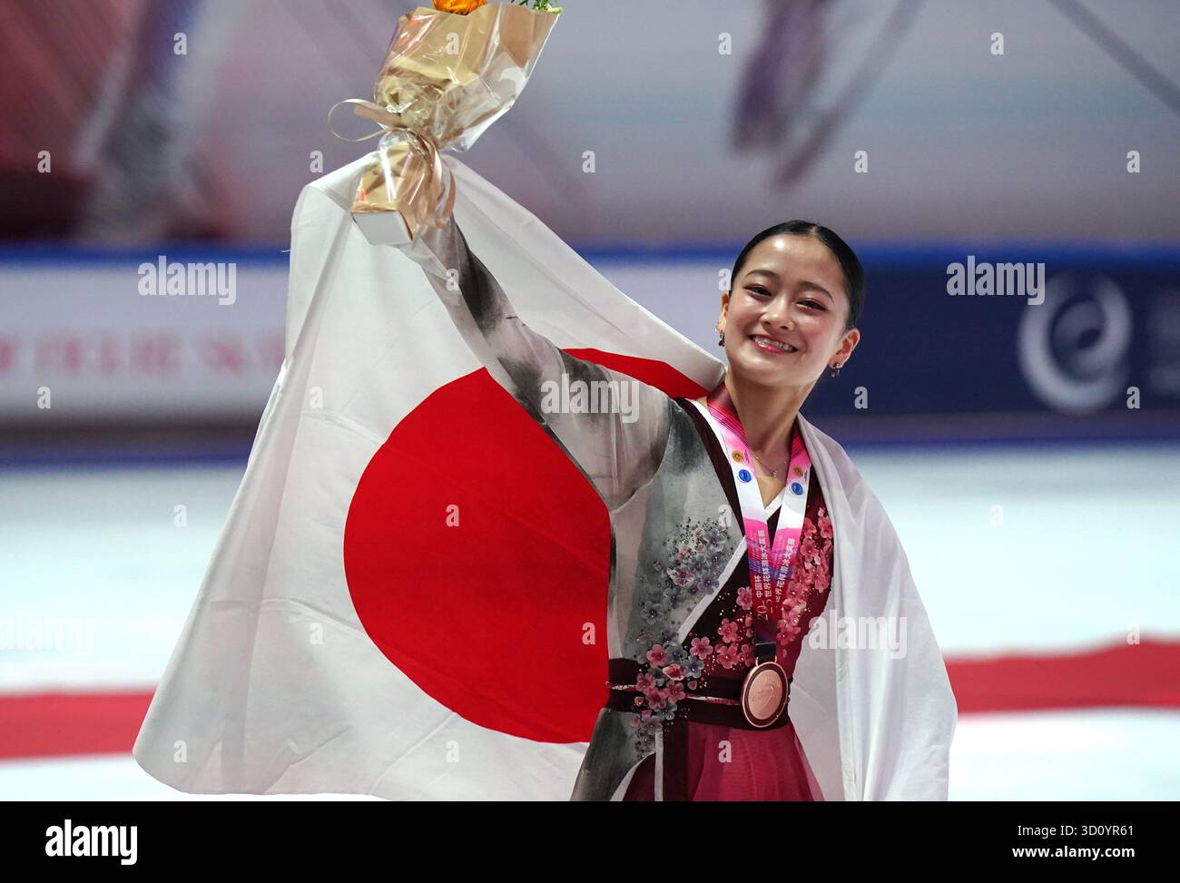 Bronze medalist Rinka WATANABE of Japan poses for commemorative photos ...