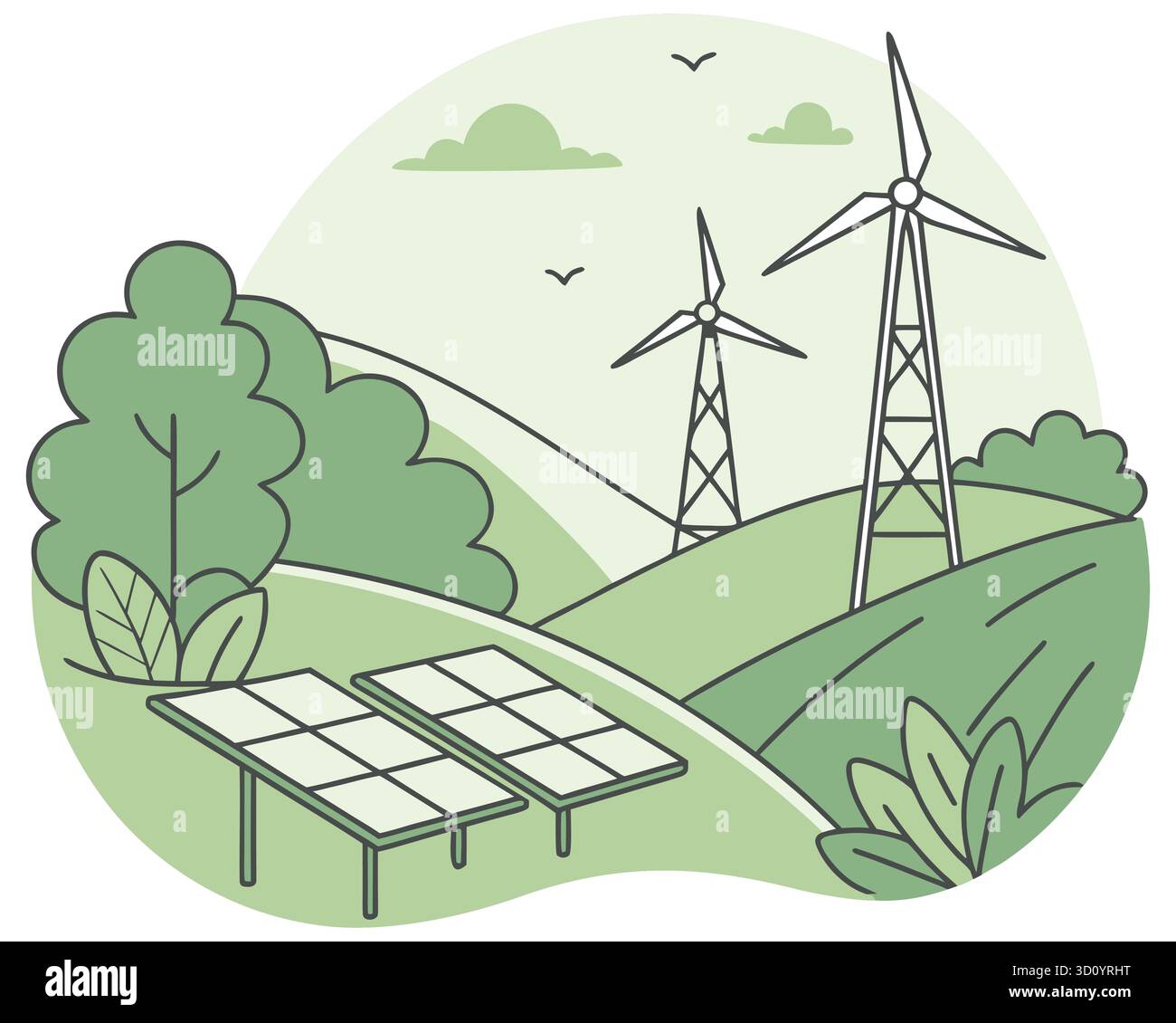 Green Energy Landscape Monoline Illustration with Solar Panels and Wind ...