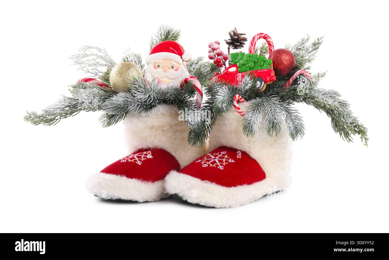Saint Nicholas day. Boots with treats and fir tree branches isolated on ...