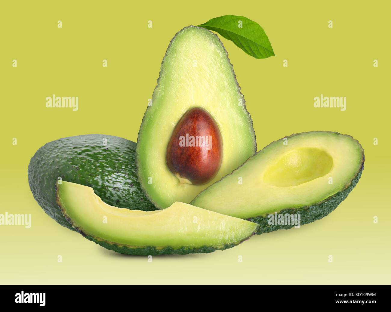 Fresh avocados on green gradient background. Whole and sliced Stock ...