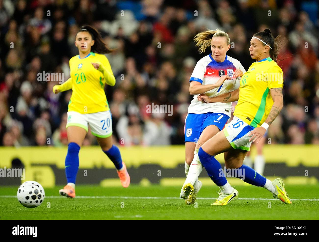 England's Beth Mead attempts a shot on goal during the international ...