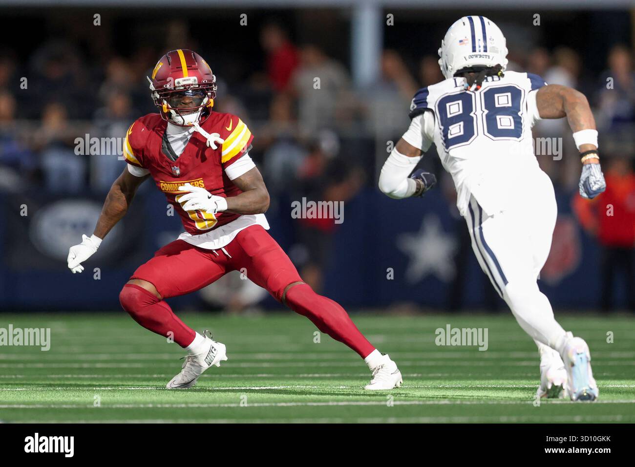 Washington Commanders cornerback Mike Sainristil (0) defends Dallas ...