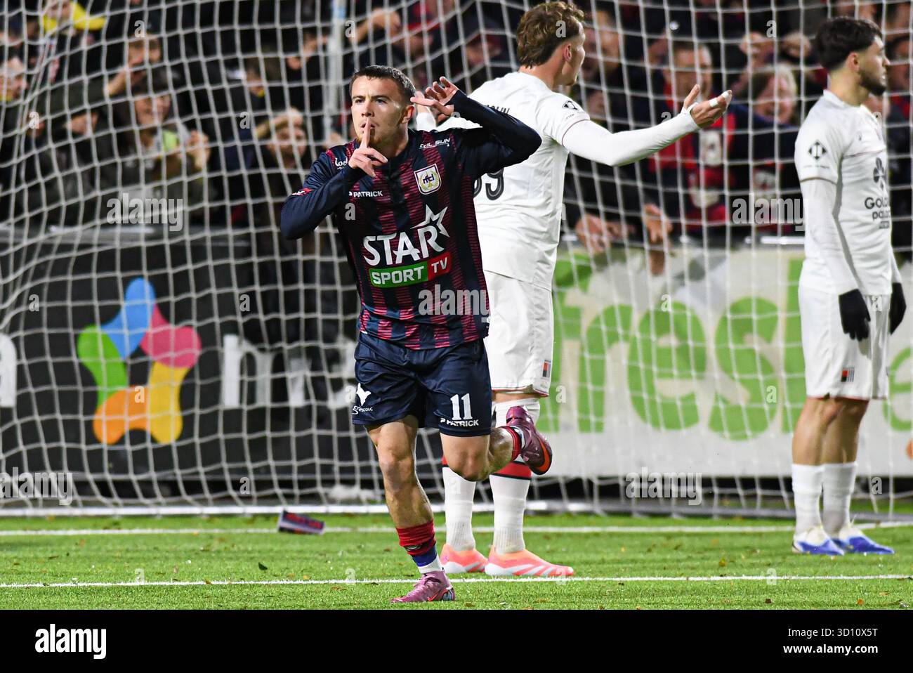 Liege's Alexis Lefebvre celebrates after scoring during a soccer game ...