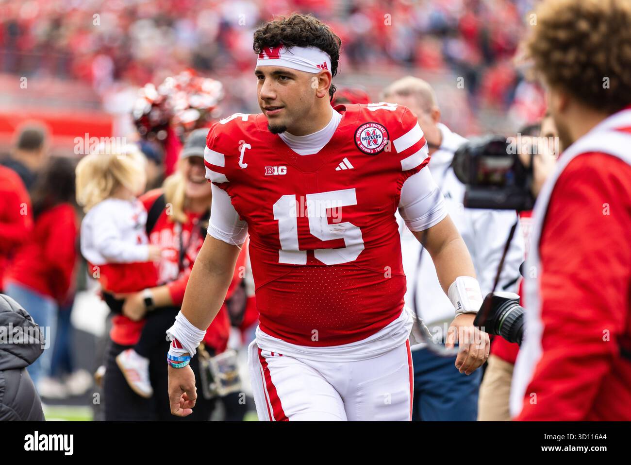 Nebraska quarterback Dylan Raiola (15) walks off the field after a win ...