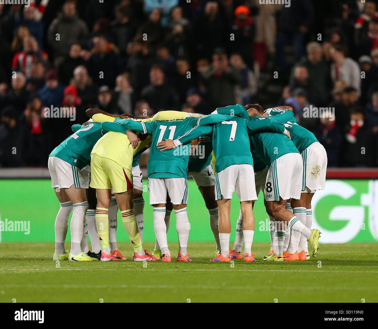 London, England, October 25 2025: Players of Liverpool in a huddle ...