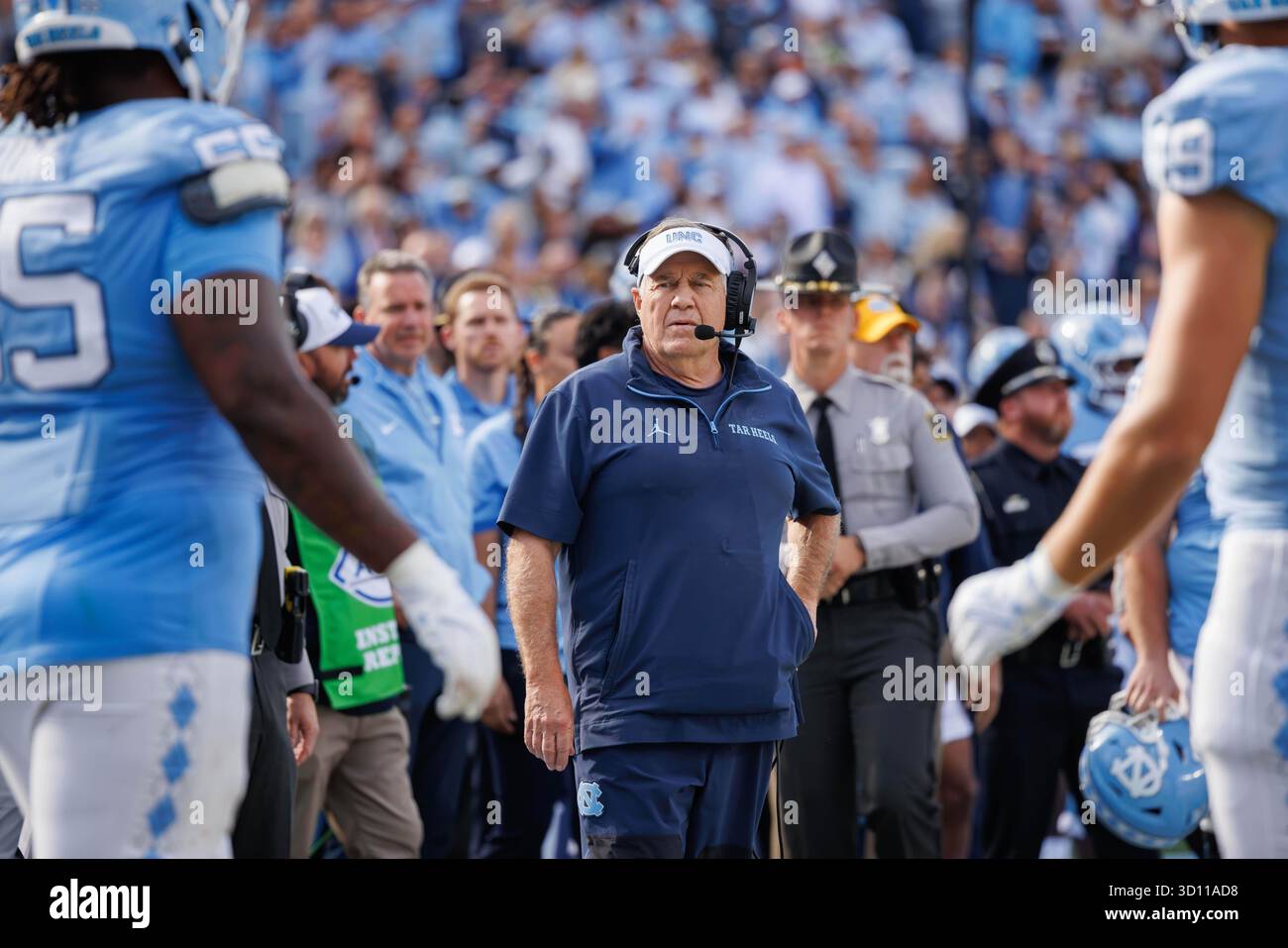 North Carolina head coach Bill Belichick looks towards the field after ...