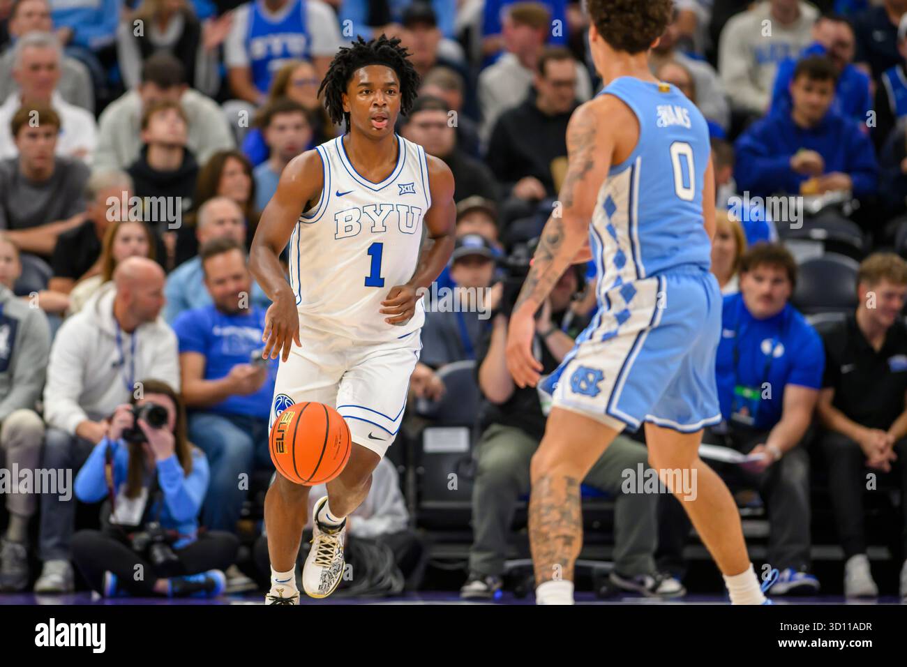 BYU guard Robert Wright III (1) brings the ball up court during the ...
