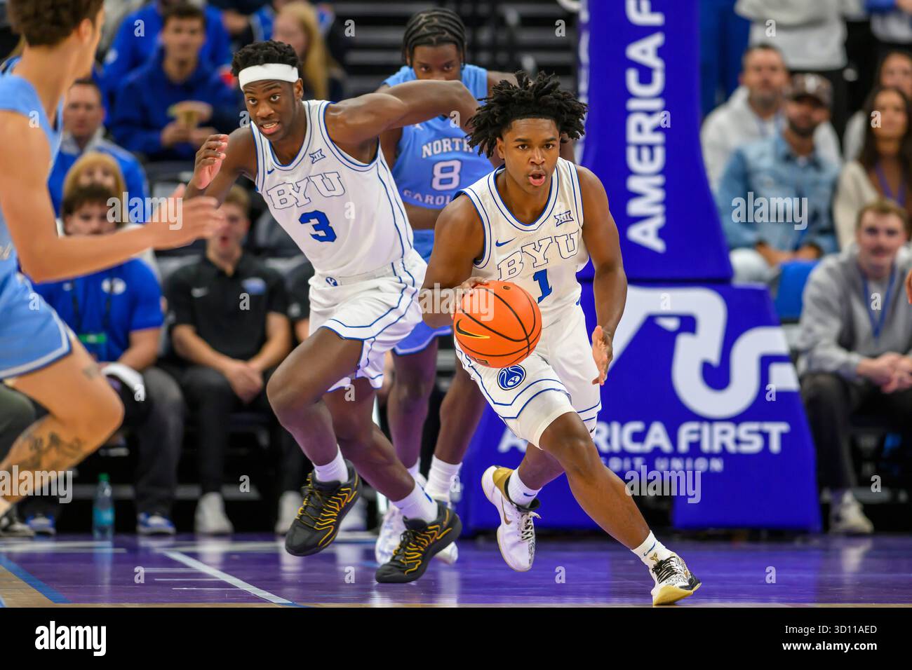 BYU guard Robert Wright III (1) brings the ball up court during the ...