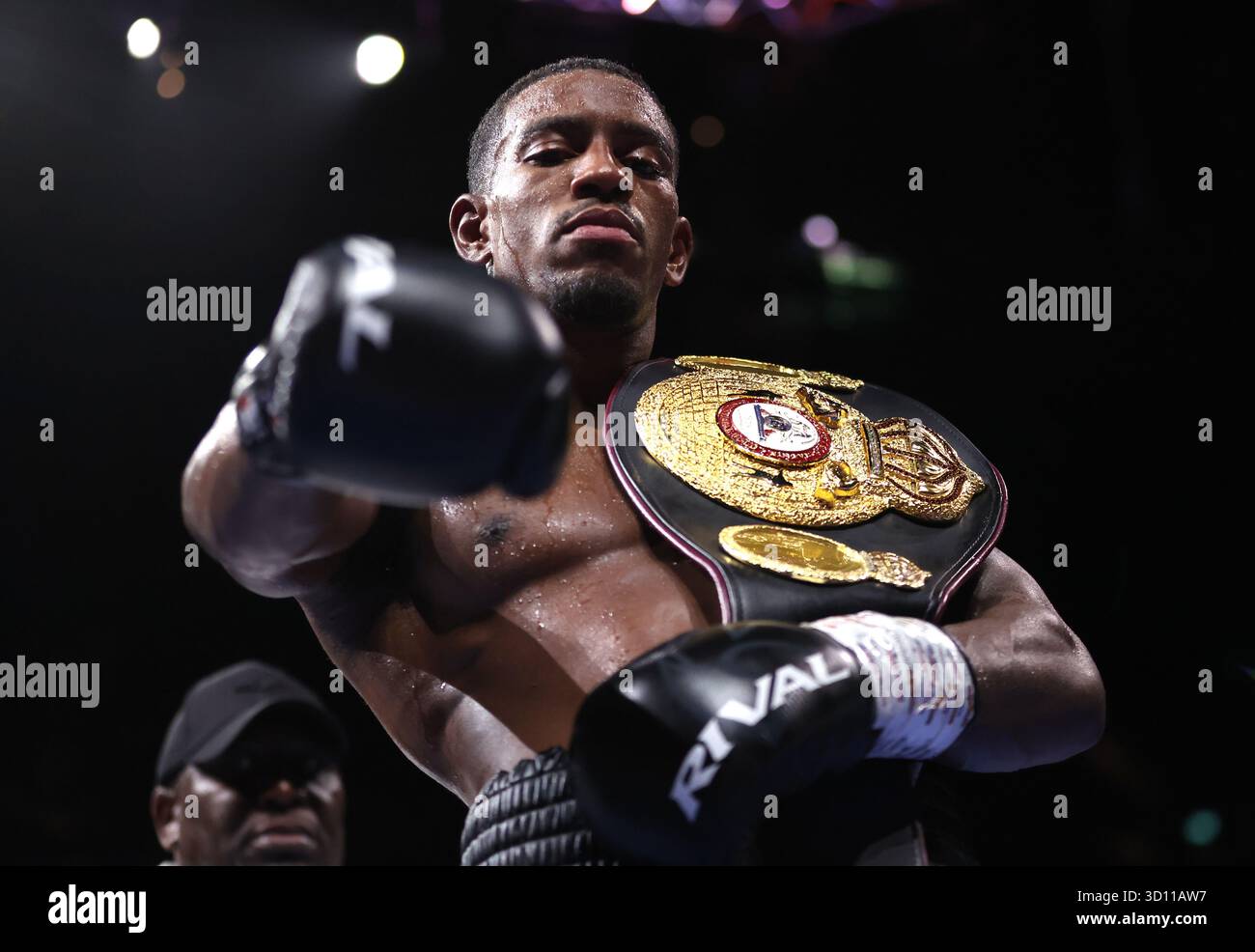 Ezra Taylor celebrates victory following the WBA Continental Gold light ...